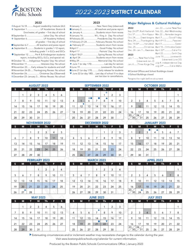 Boston Public Schools Calendar Holidays 2022-2023 PDF