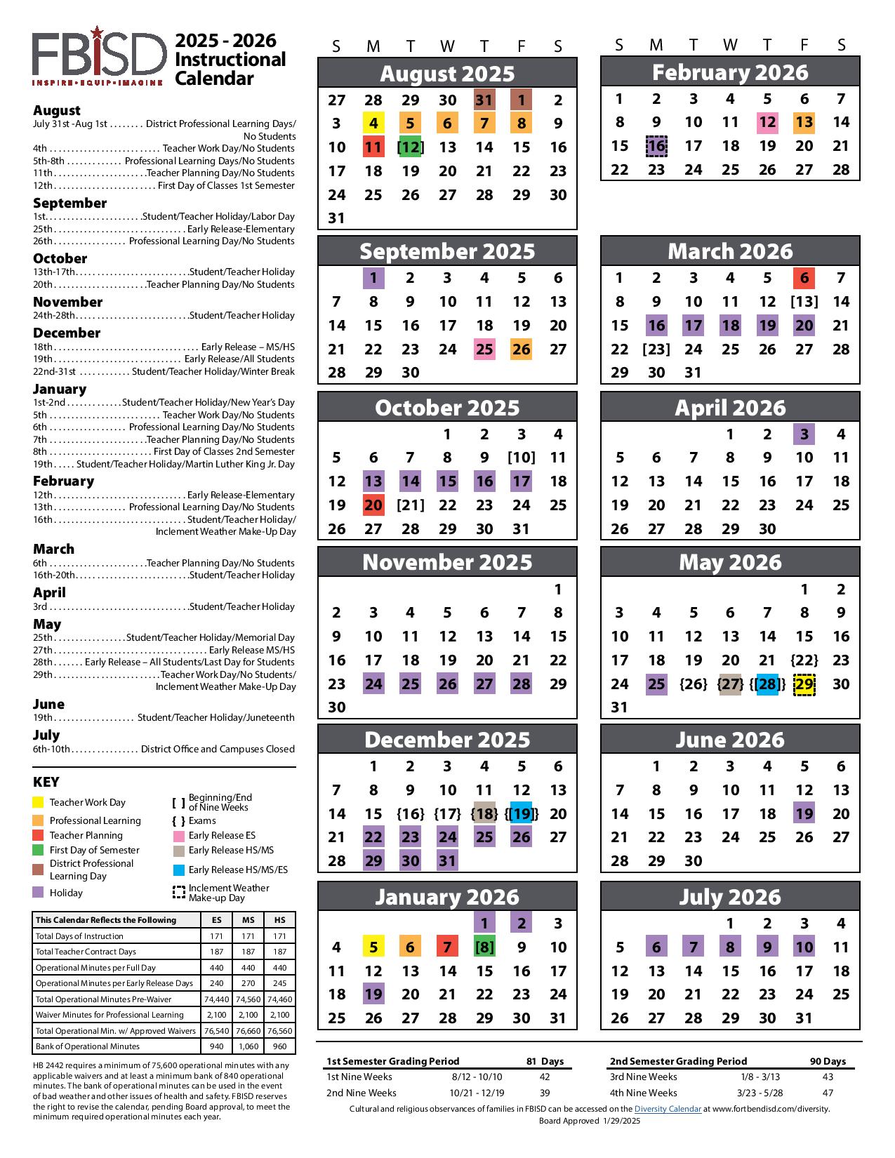 Fort Bend Independent School District Calendar 2025-2026 - School ...