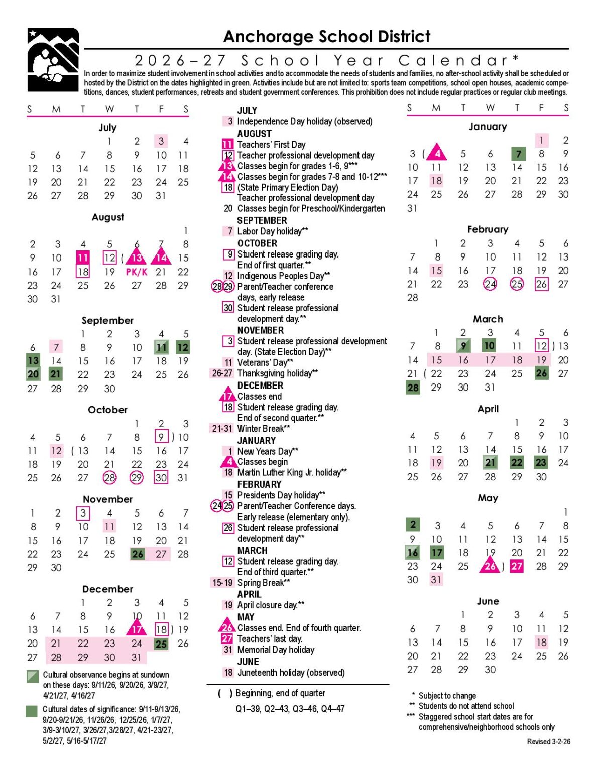 Anchorage School District Calendar 2026-2027