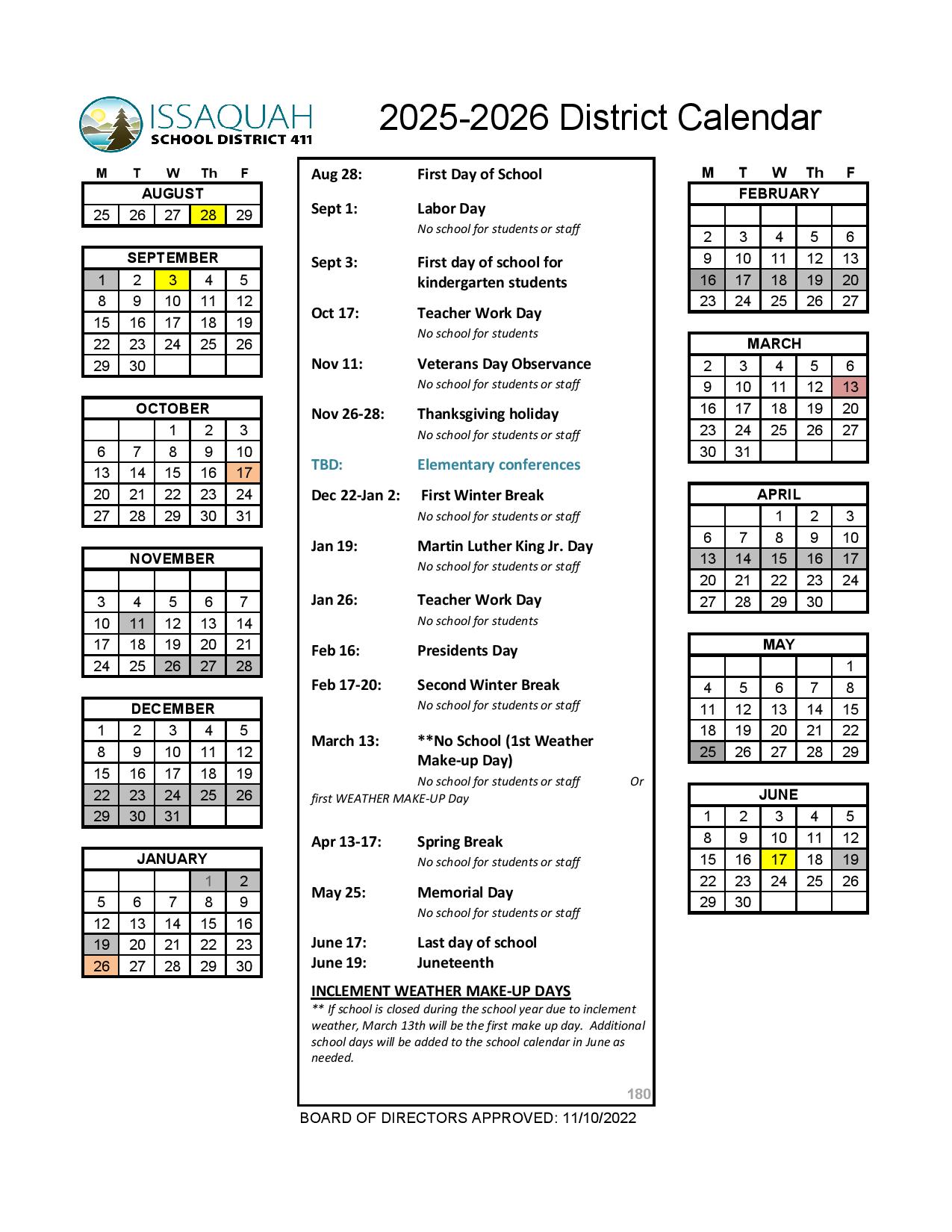 Issaquah School District Calendar 2025-2026 in PDF - School Calendar ...