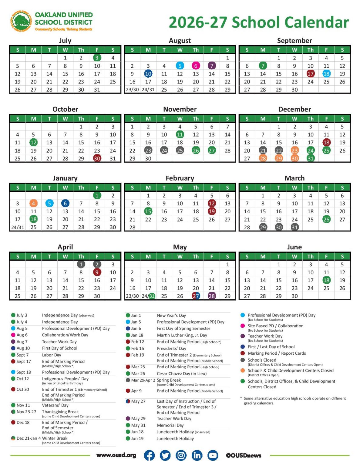 Oakland Unified School District Calendar 2026-2027 PDF
