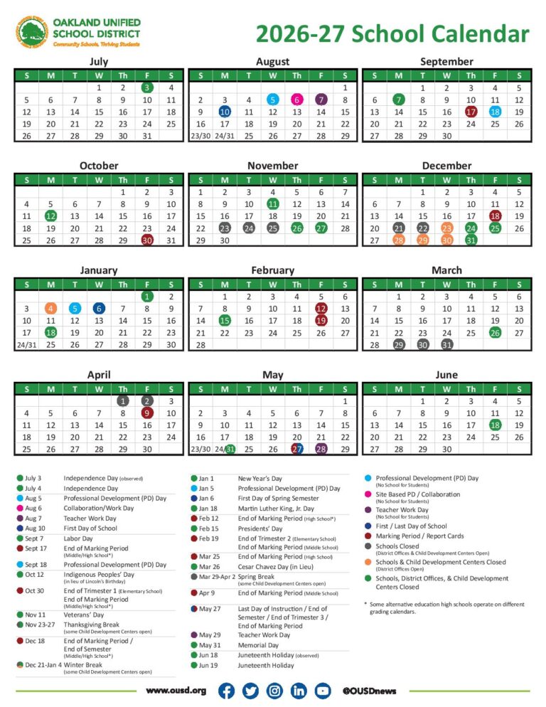 Oakland Unified School District Calendar 2026-2027 PDF