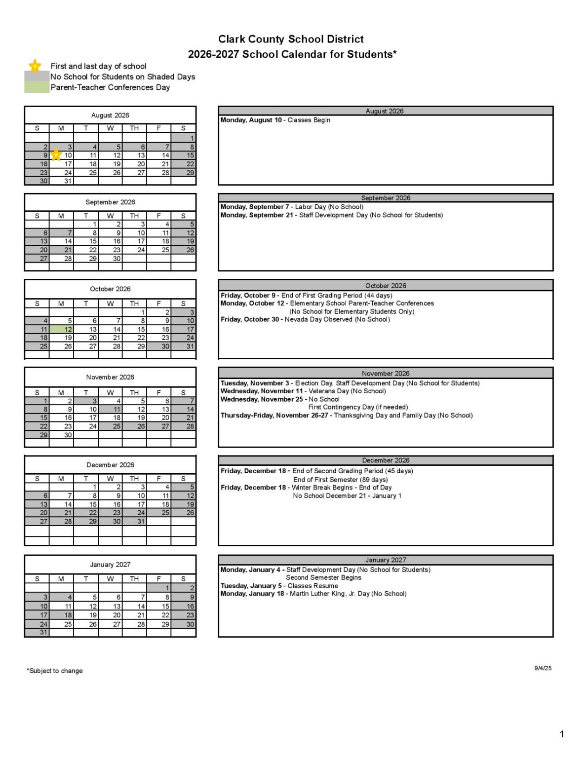 Clark County School District Calendar Holidays 2026-2027 PDF