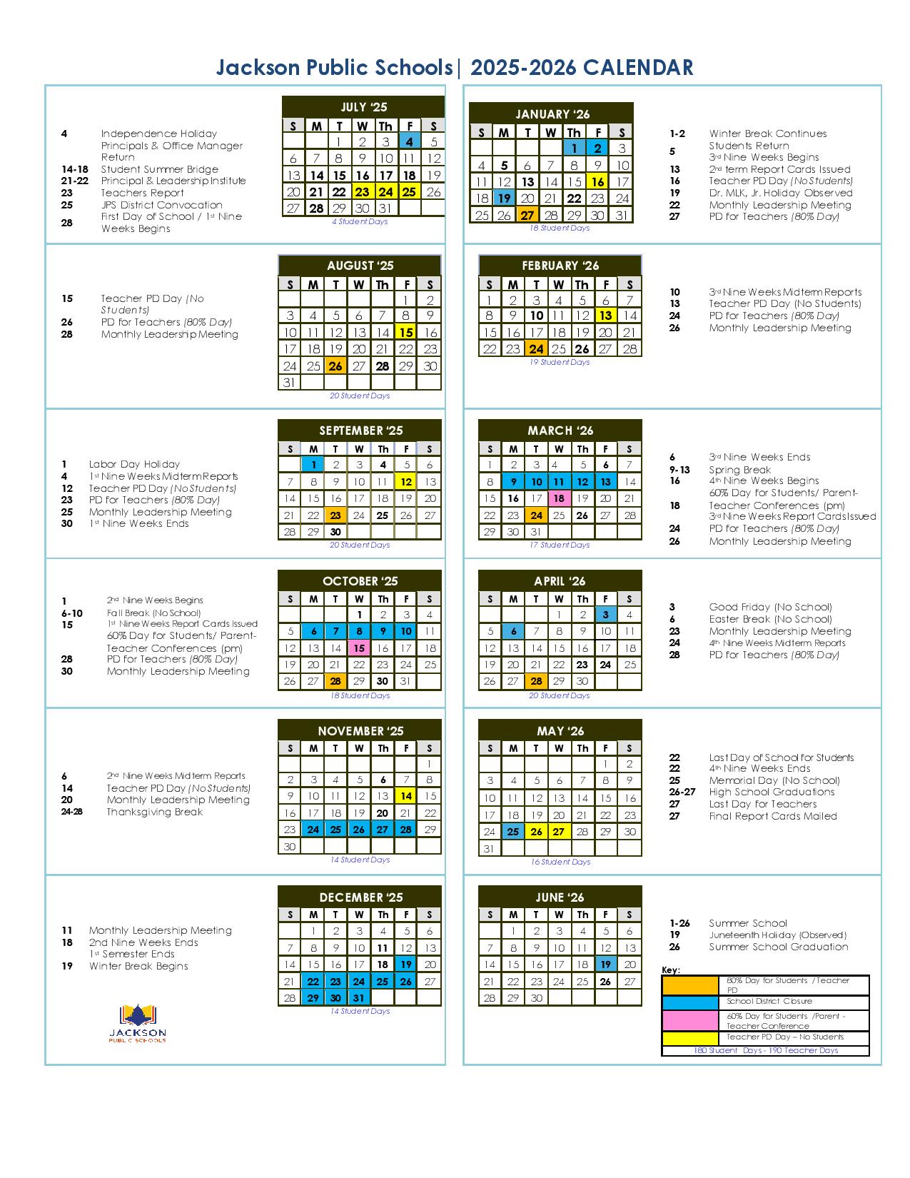 Jackson Public Schools Calendar 2026-2027 in PDF