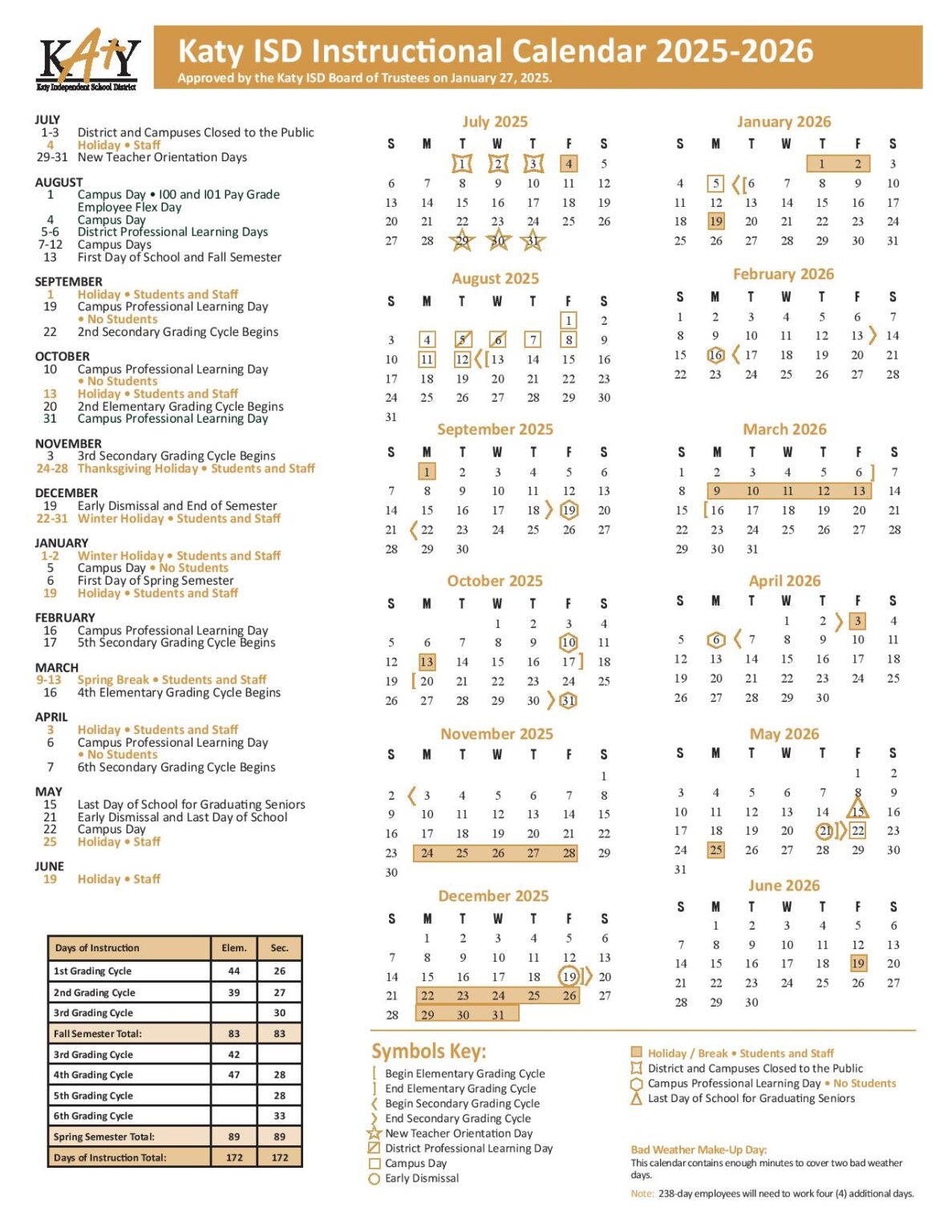 Katy Independent School District Calendar Holidays 2025-2026 - School ...