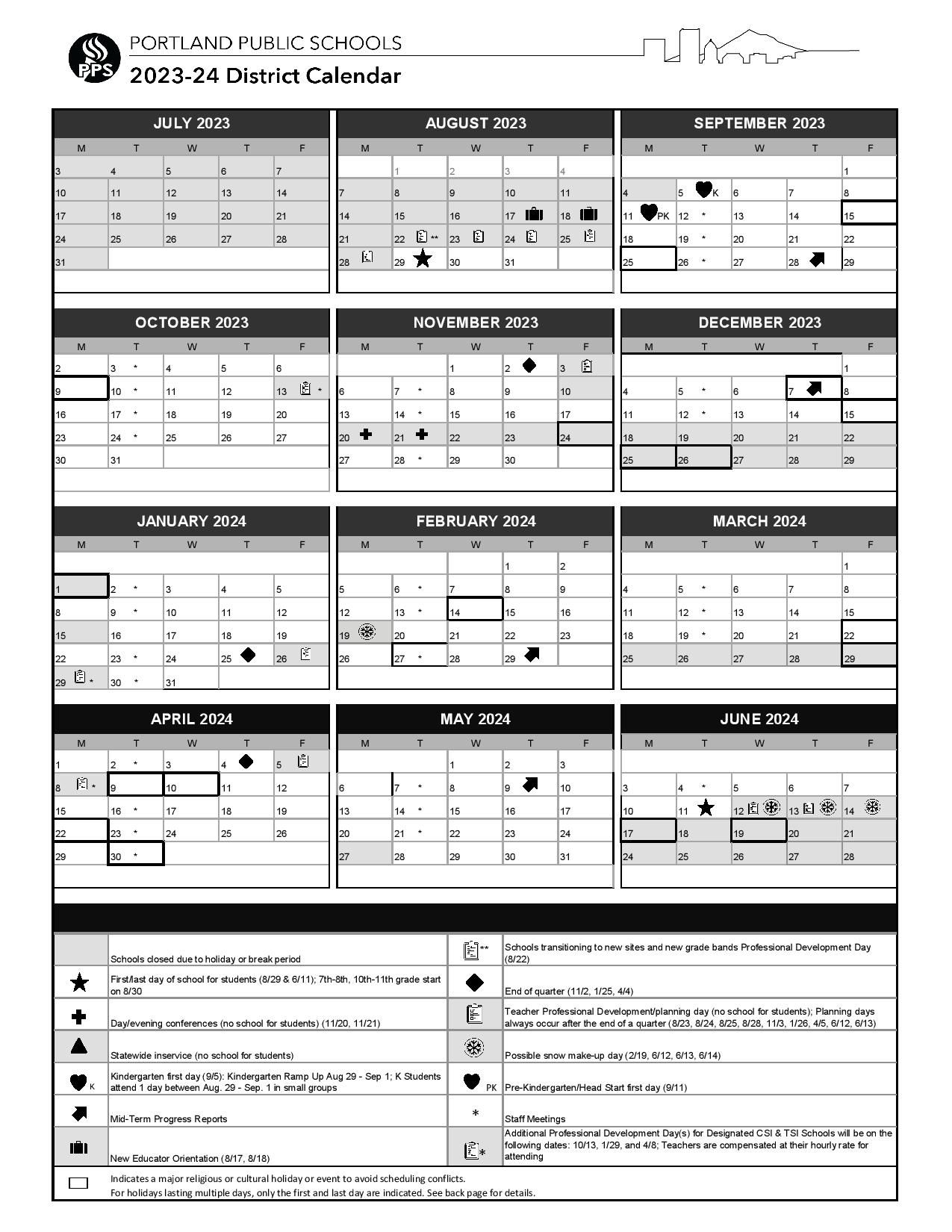 Portland Public Schools Calendar Holidays 2023 2024 PDF School 