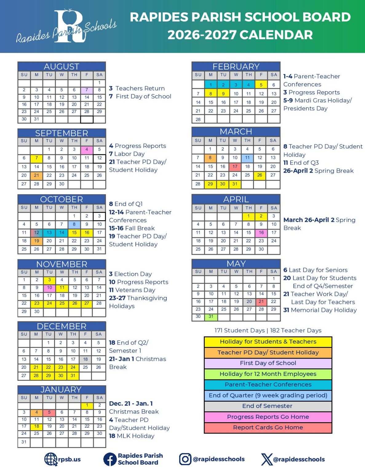 Rapides Parish Schools Calendar 2026-2027 in PDF