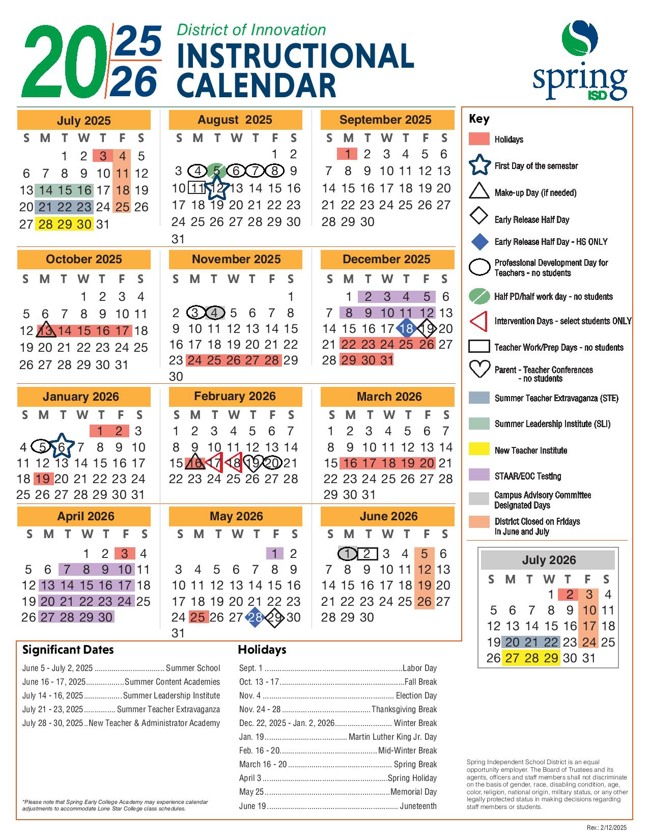 Spring Independent School District Calendar Holidays 2025-2026 - School ...