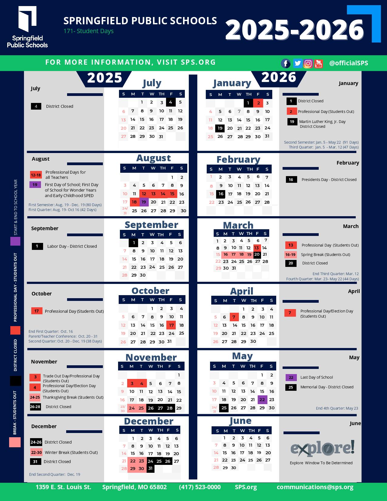 Springfield Public Schools Calendar 2025-2026 in PDF - School Calendar Info