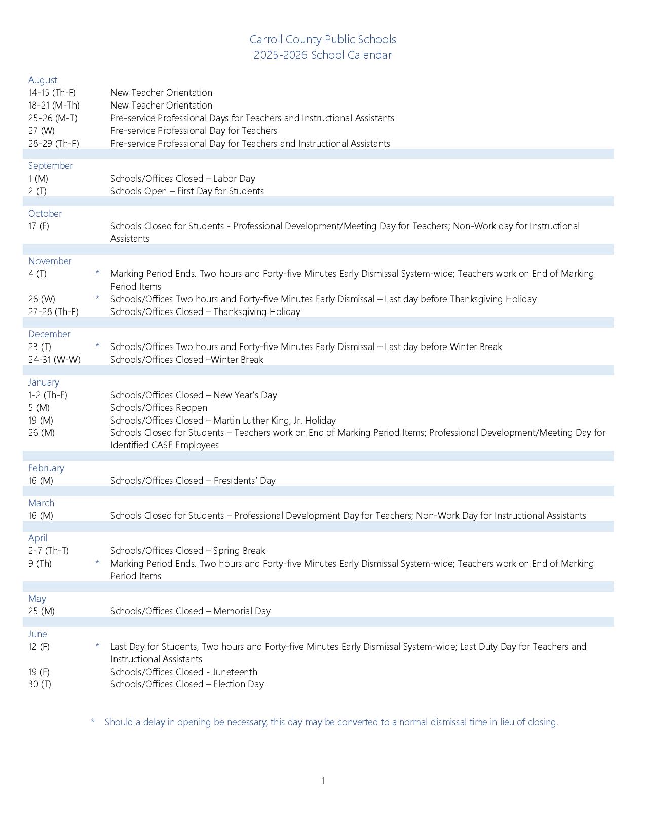 Carroll County Public Schools Calendar 2025-2026 in PDF - School ...