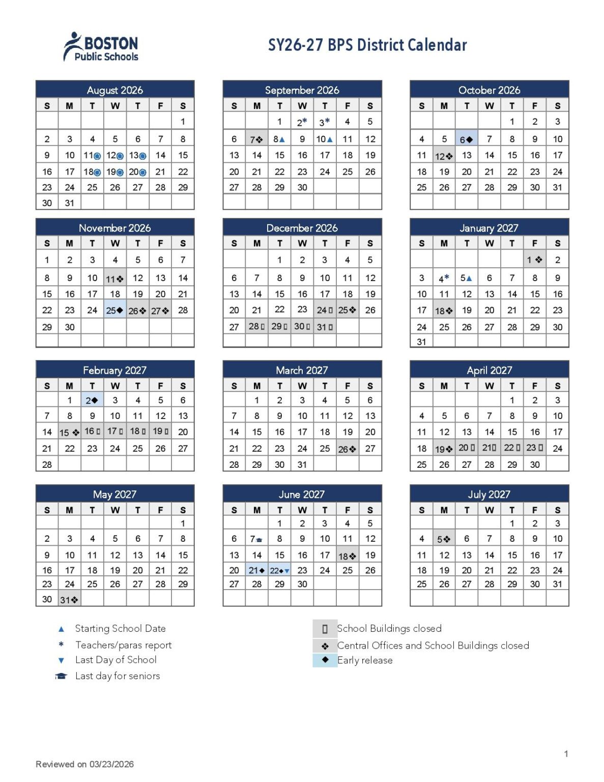 Boston Public Schools Calendar Holidays 2026-2027 PDF