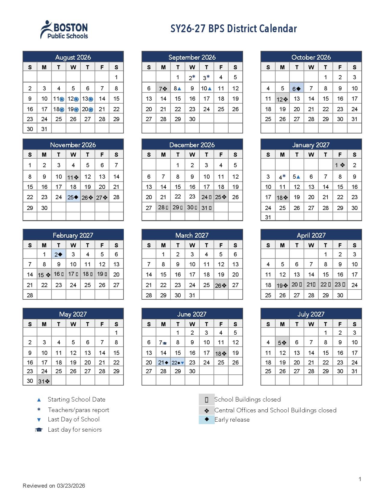 Boston Public Schools Calendar Holidays 2026-2027 PDF