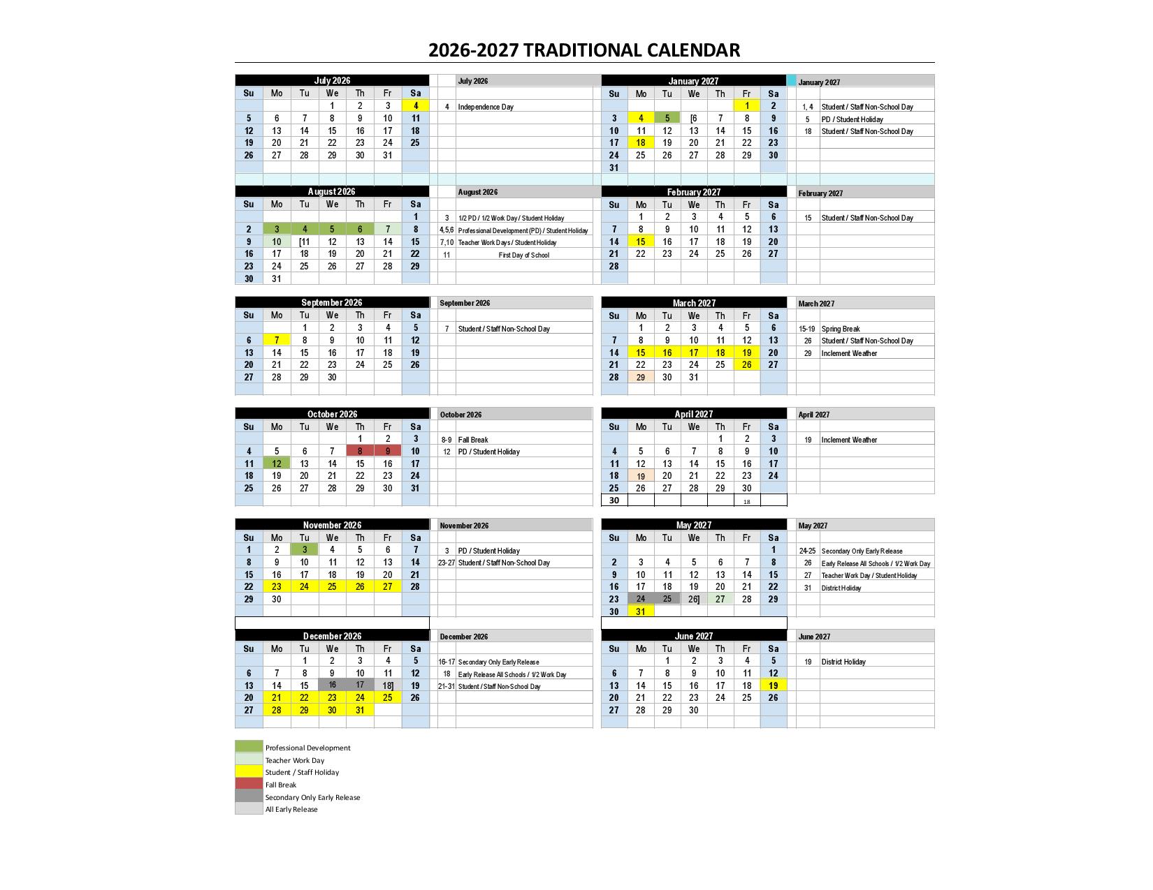 Dallas Independent School District Calendar Holidays 2026-2027