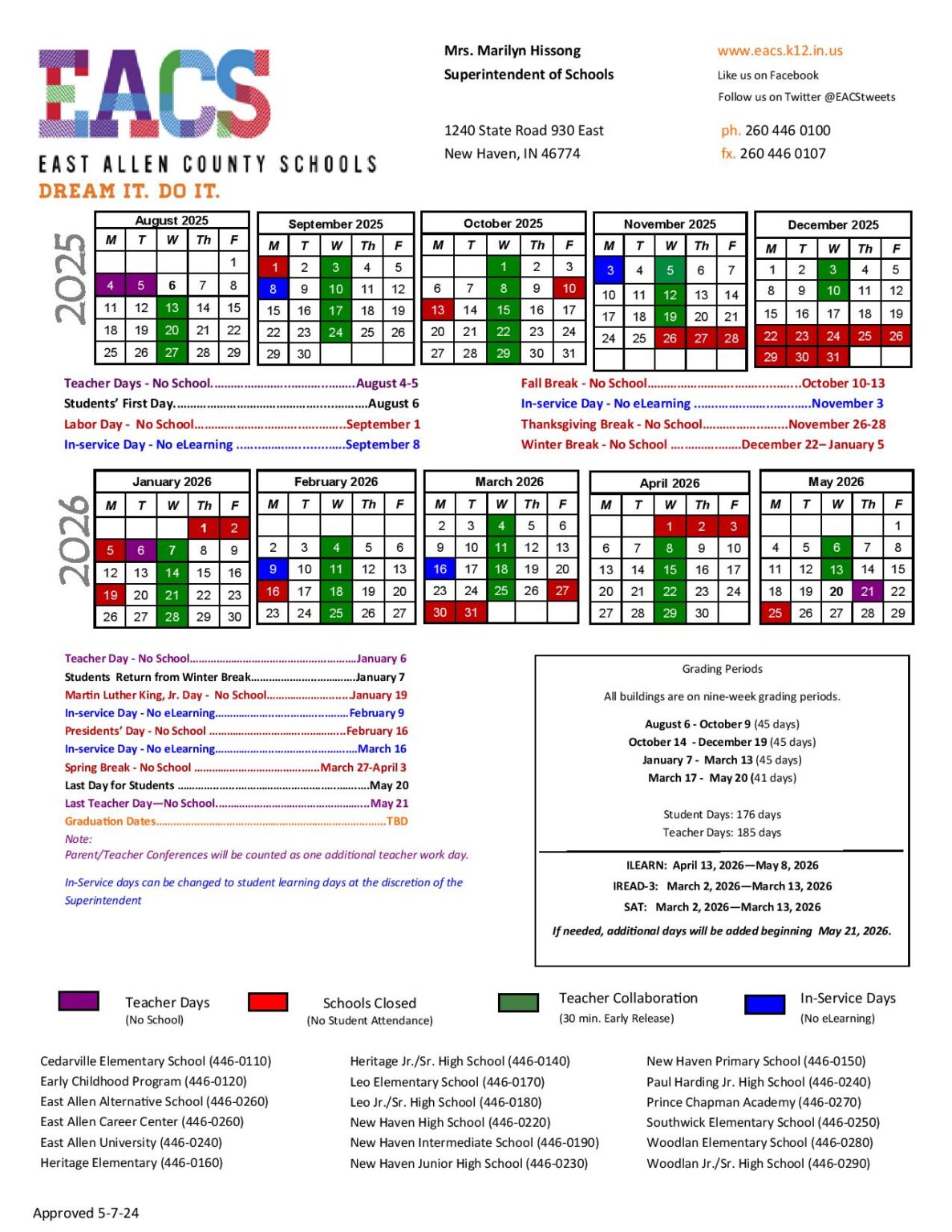 East Allen County Schools Calendar 2025-2026 in PDF - School Calendar Info