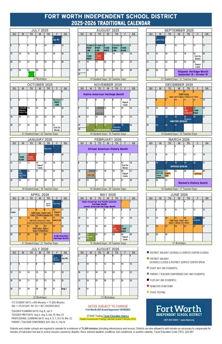 Fort Worth Independent School District Calendar 2025-2026 - School ...