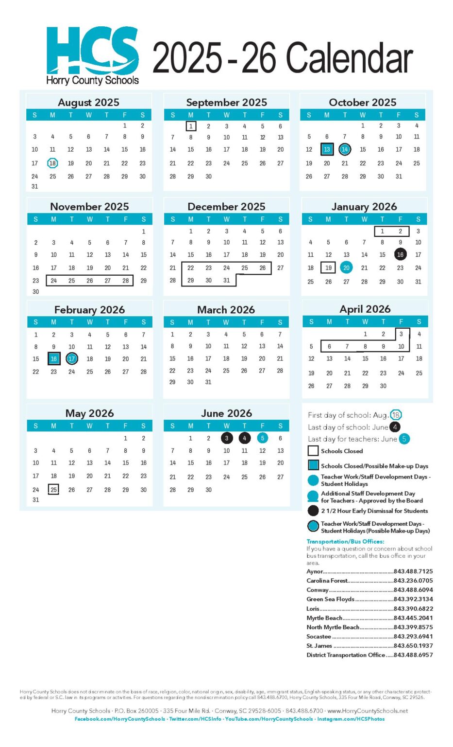 Horry County Schools Calendar 2026-2027 in PDF