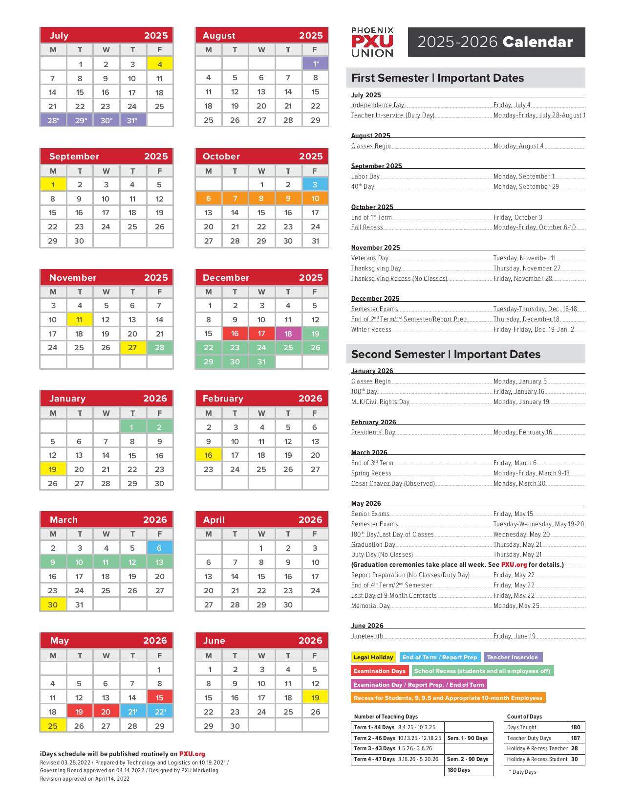 Phoenix Union High School District Calendar 2025-2026 in PDF - School ...