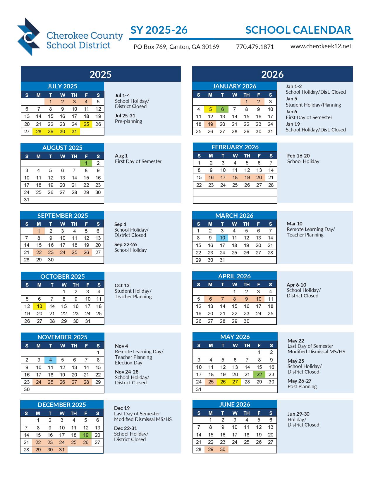 Cherokee County School District Calendar 2025-2026 in PDF - School Calendar Info