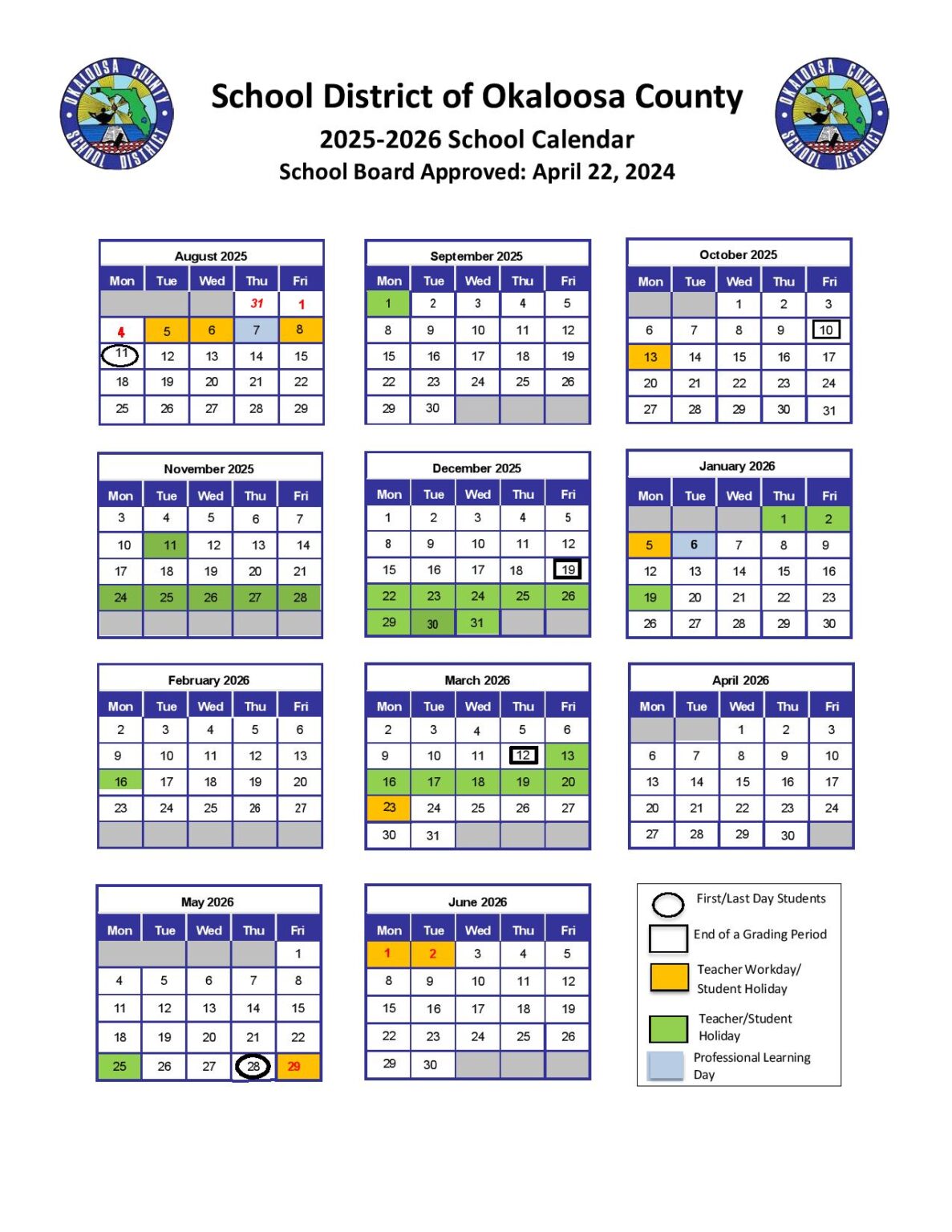 Okaloosa County School District Calendar 2025-2026 in PDF - School ...
