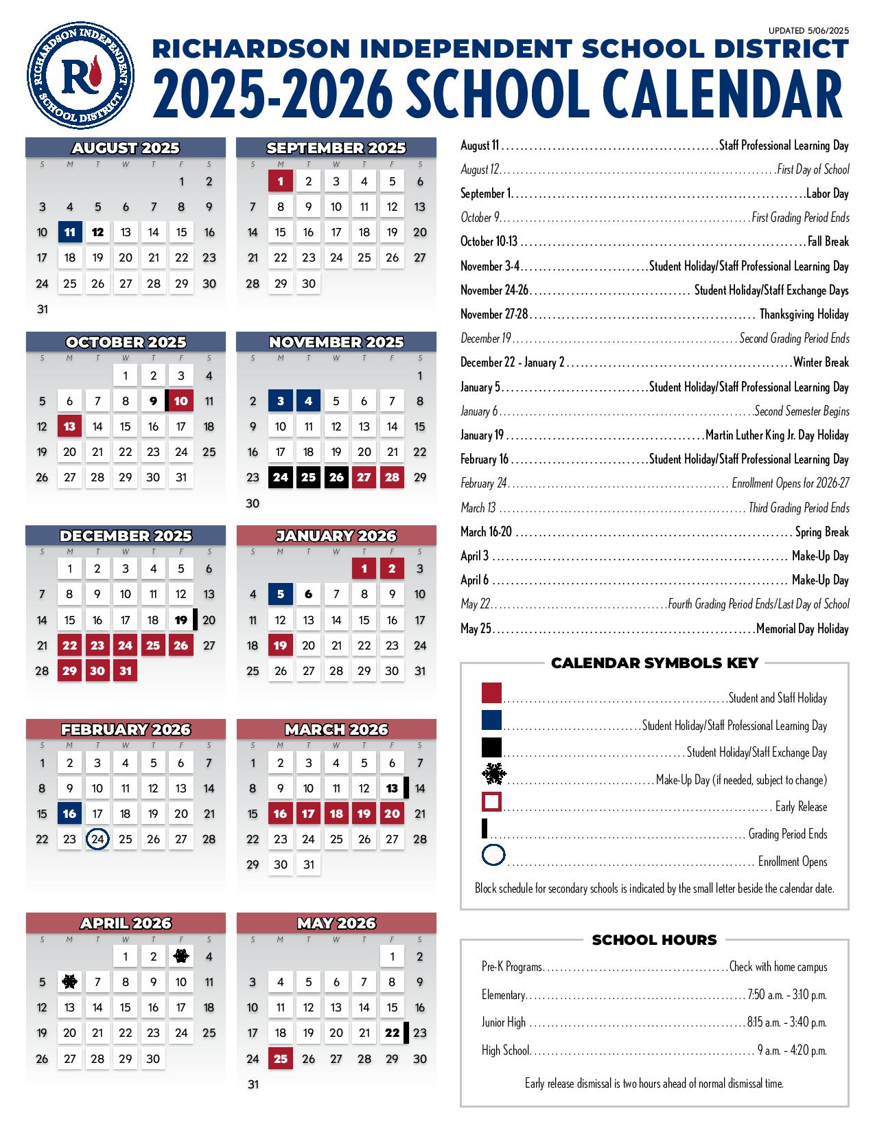 Richardson Independent School District Calendar 2026-2027