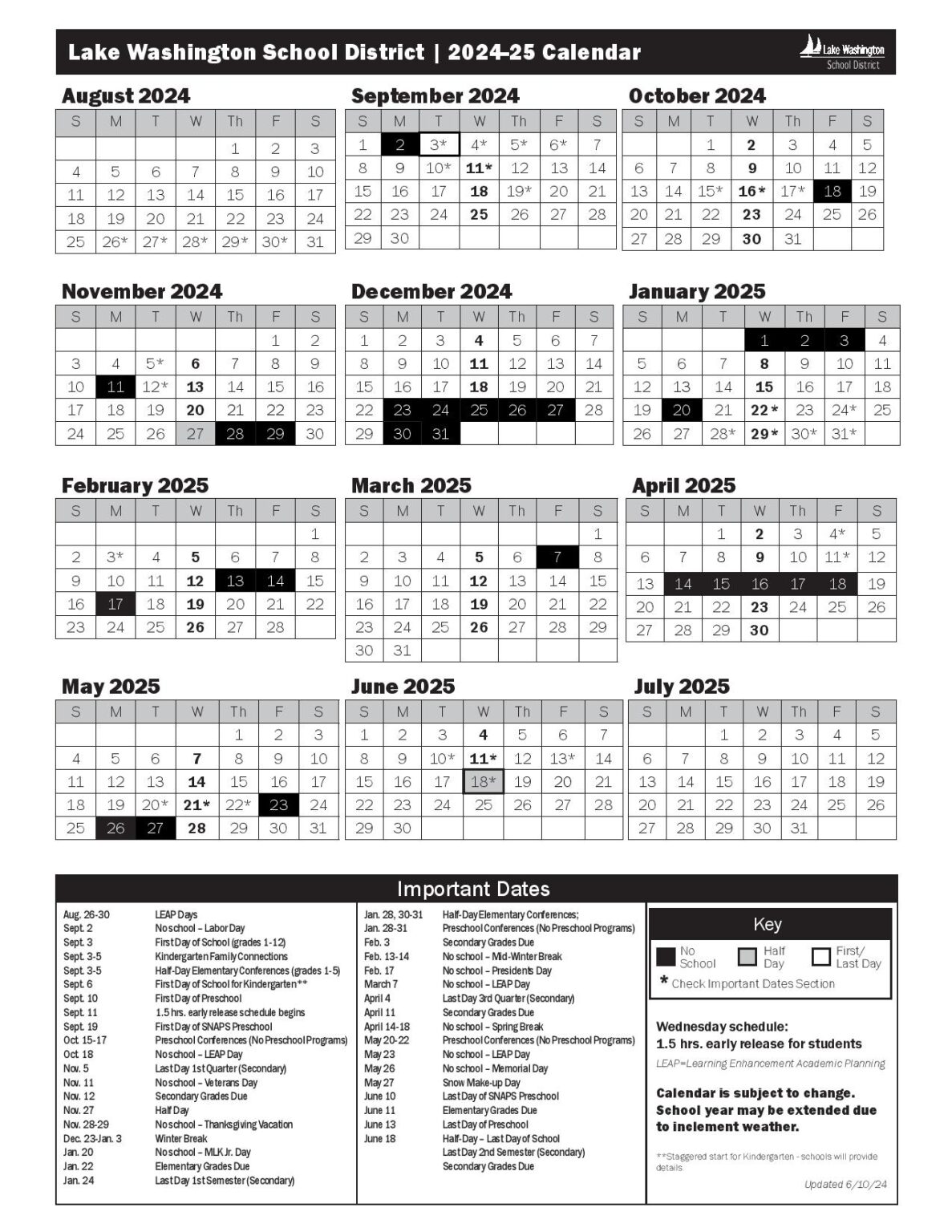 Lake Washington School District Calendar 2025-2026 in PDF - School ...