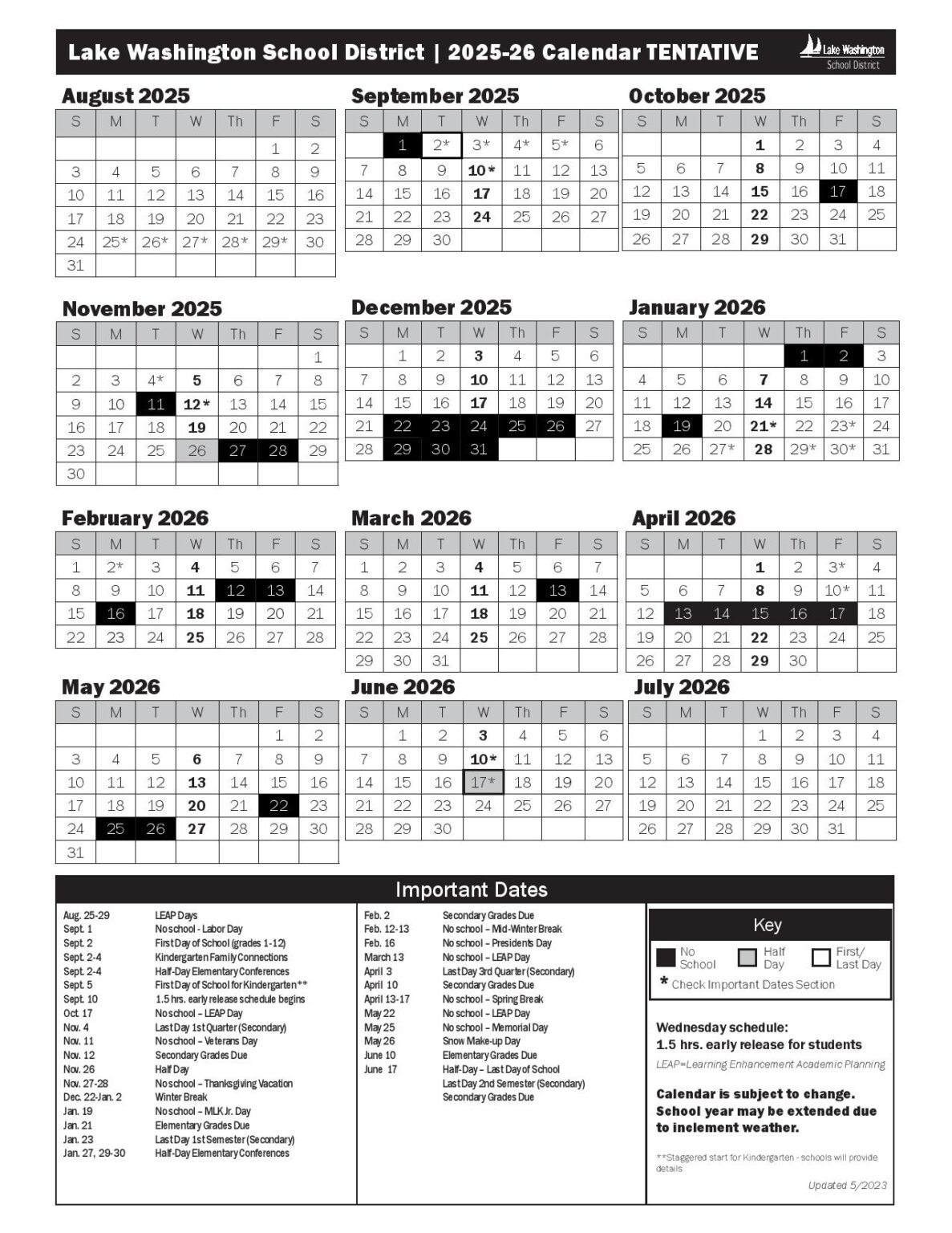Lake Washington School District Calendar 2025-2026 in PDF - School ...