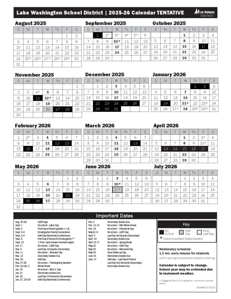Lake Washington School District Calendar 2025-2026 in PDF - School ...