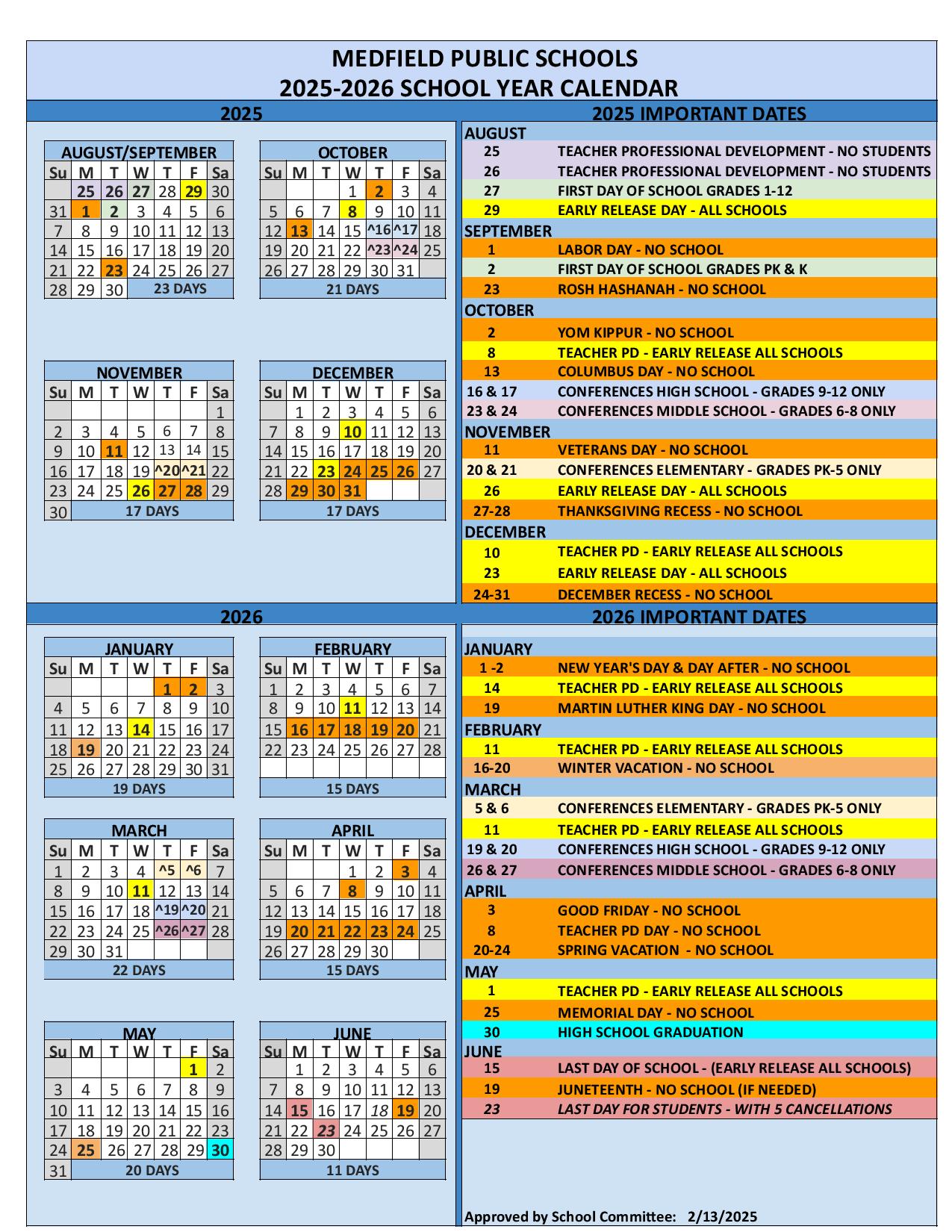 Medfield Public Schools Calendar 2025-2026 in PDF - School Calendar Info