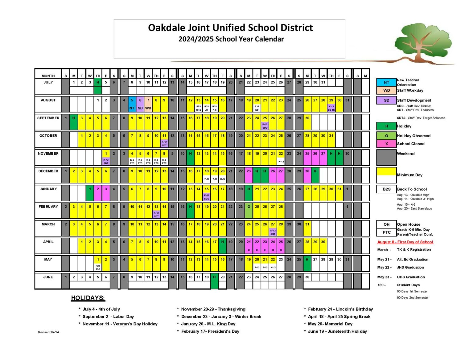 Oakdale Joint Unified School District Calendar 2025-2026 - School ...