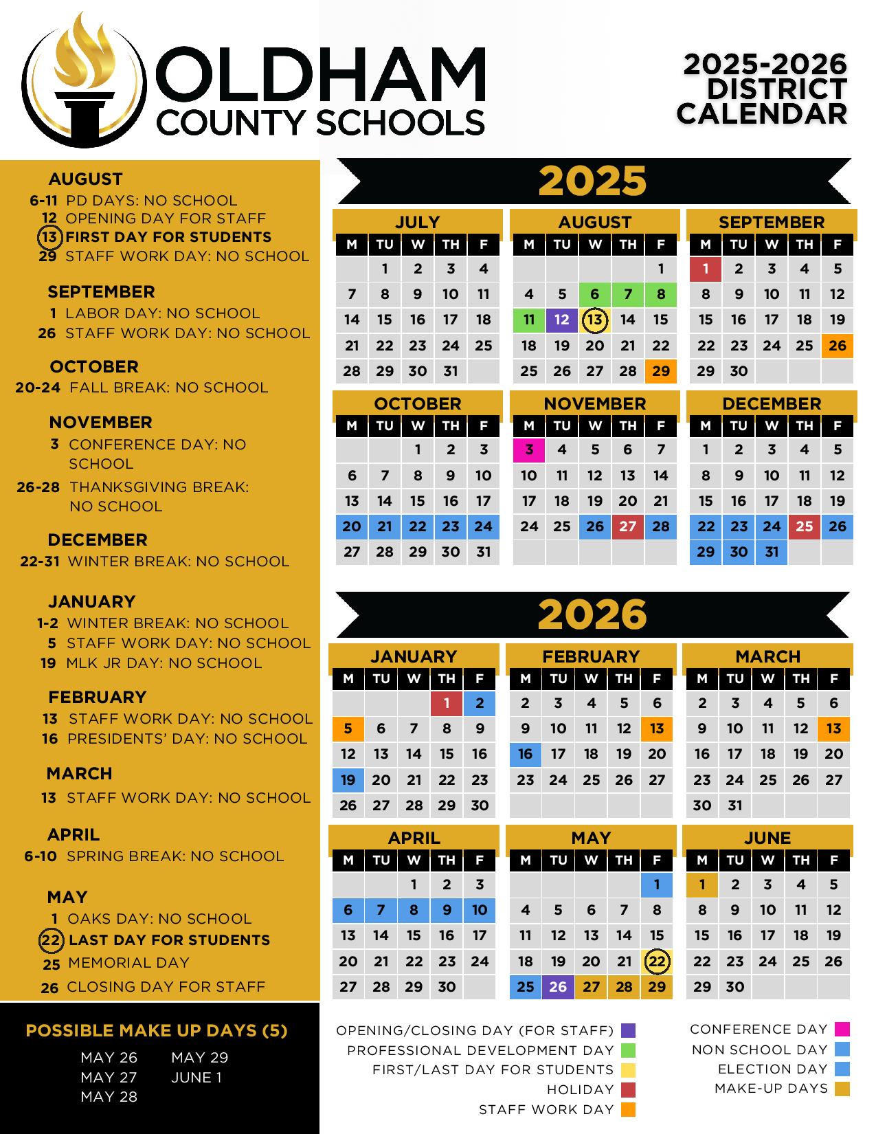 Oldham County Schools Calendar 2025-2026 in PDF - School Calendar Info