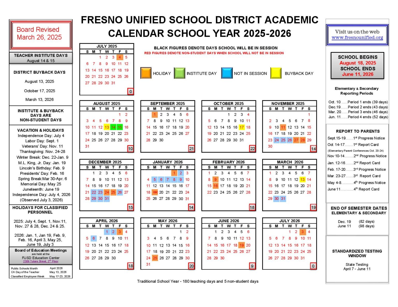 Fresno Unified School District Calendar 2025-2026 in PDF