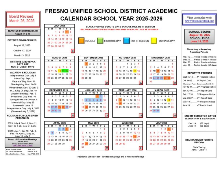 Fresno Unified School District Calendar 2025-2026 in PDF