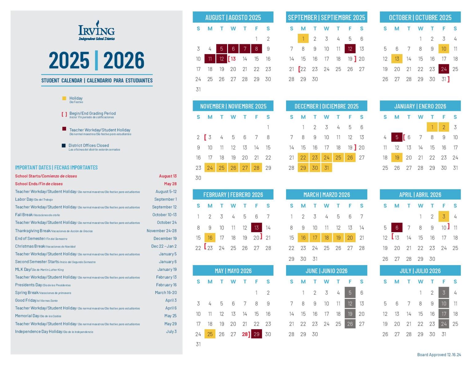 Irving Independent School District Calendar 2025-2026 in PDF - School ...