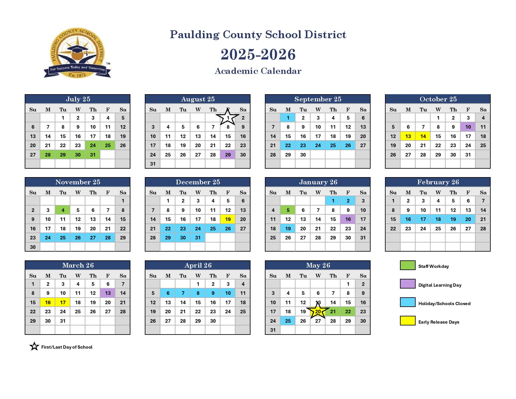 Paulding County School District Calendar 2025-2026 in PDF