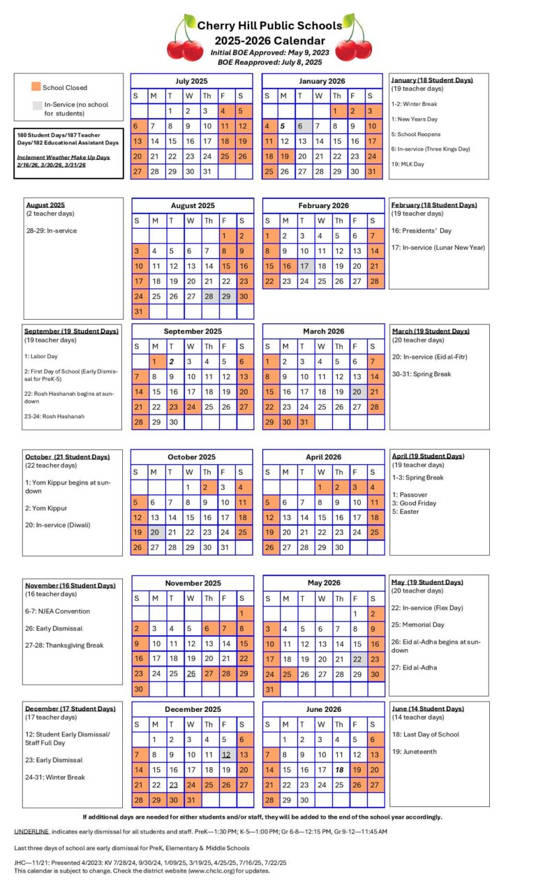 Cherry Hill Public Schools Calendar 2025-2026 in PDF
