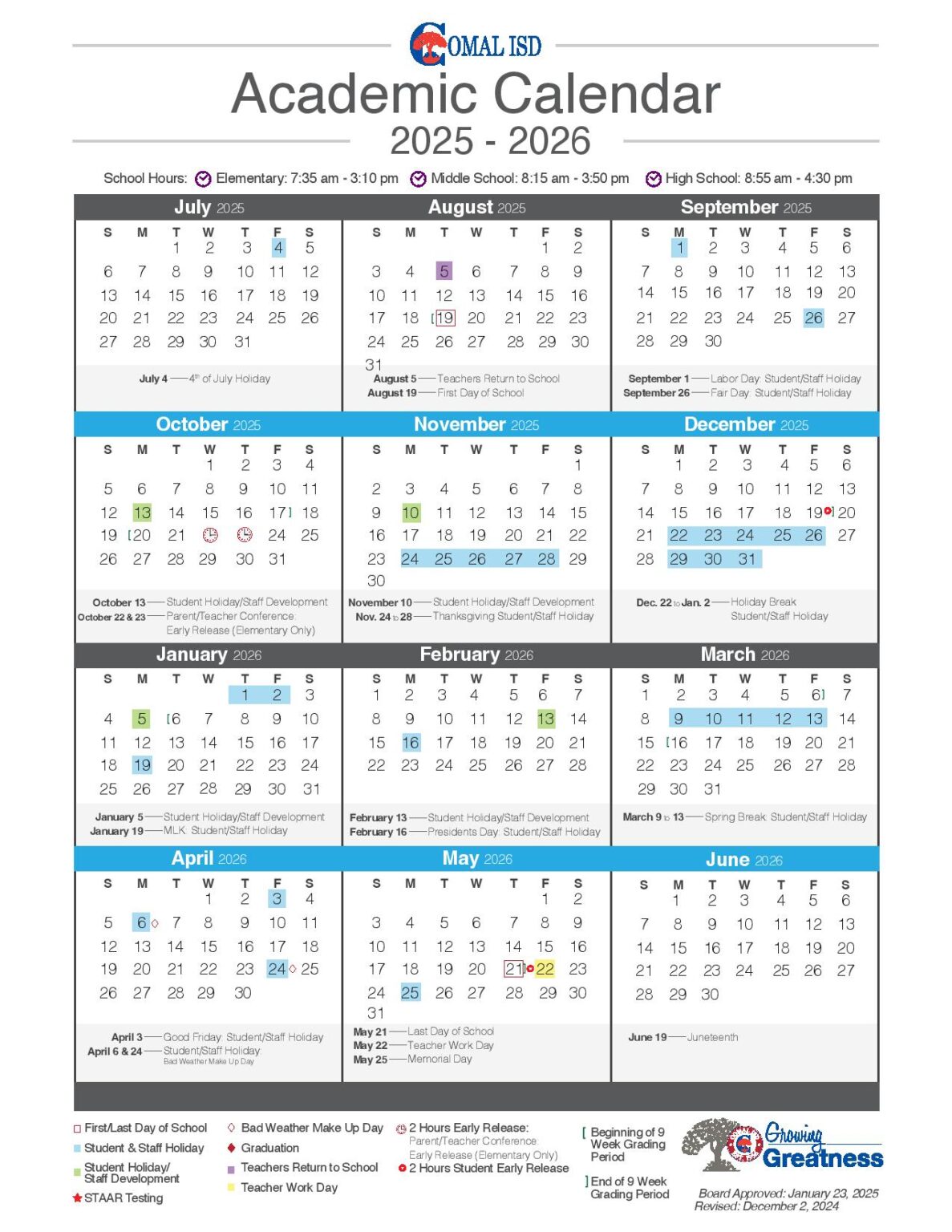 Comal Independent School District Calendar 2025-2026 in PDF