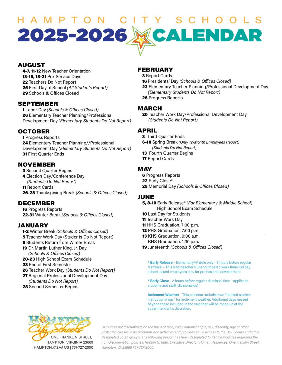 Hampton City Schools Calendar 2025-2026 in PDF - School Calendar Info