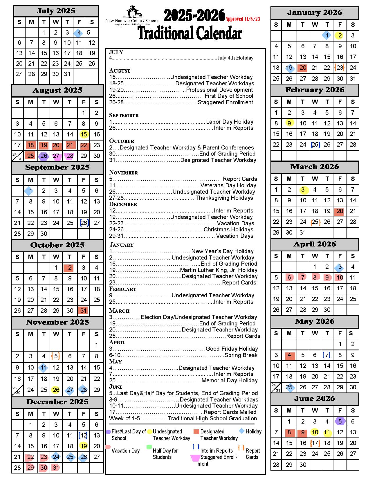 New Hanover County Schools Calendar 2025-2026 in PDF