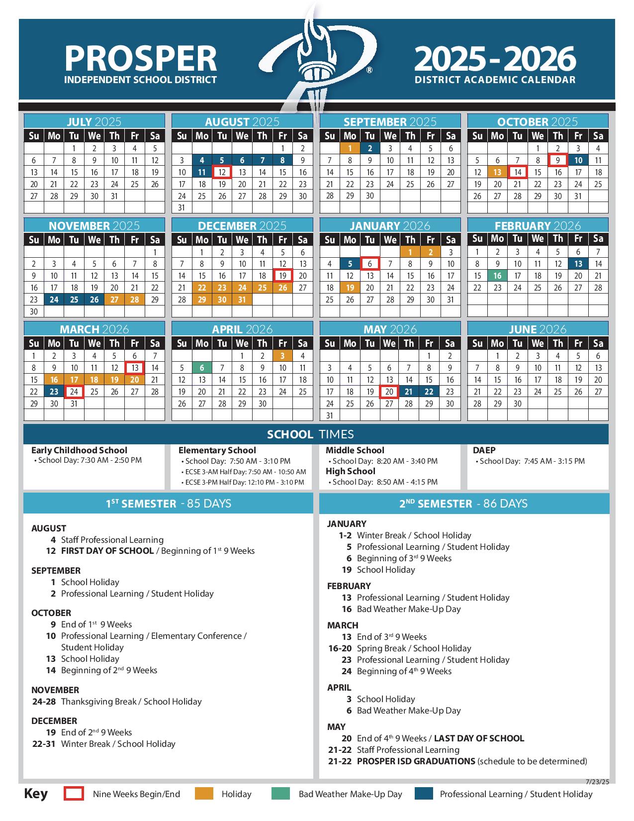 Prosper Independent School District Calendar 2025-2026