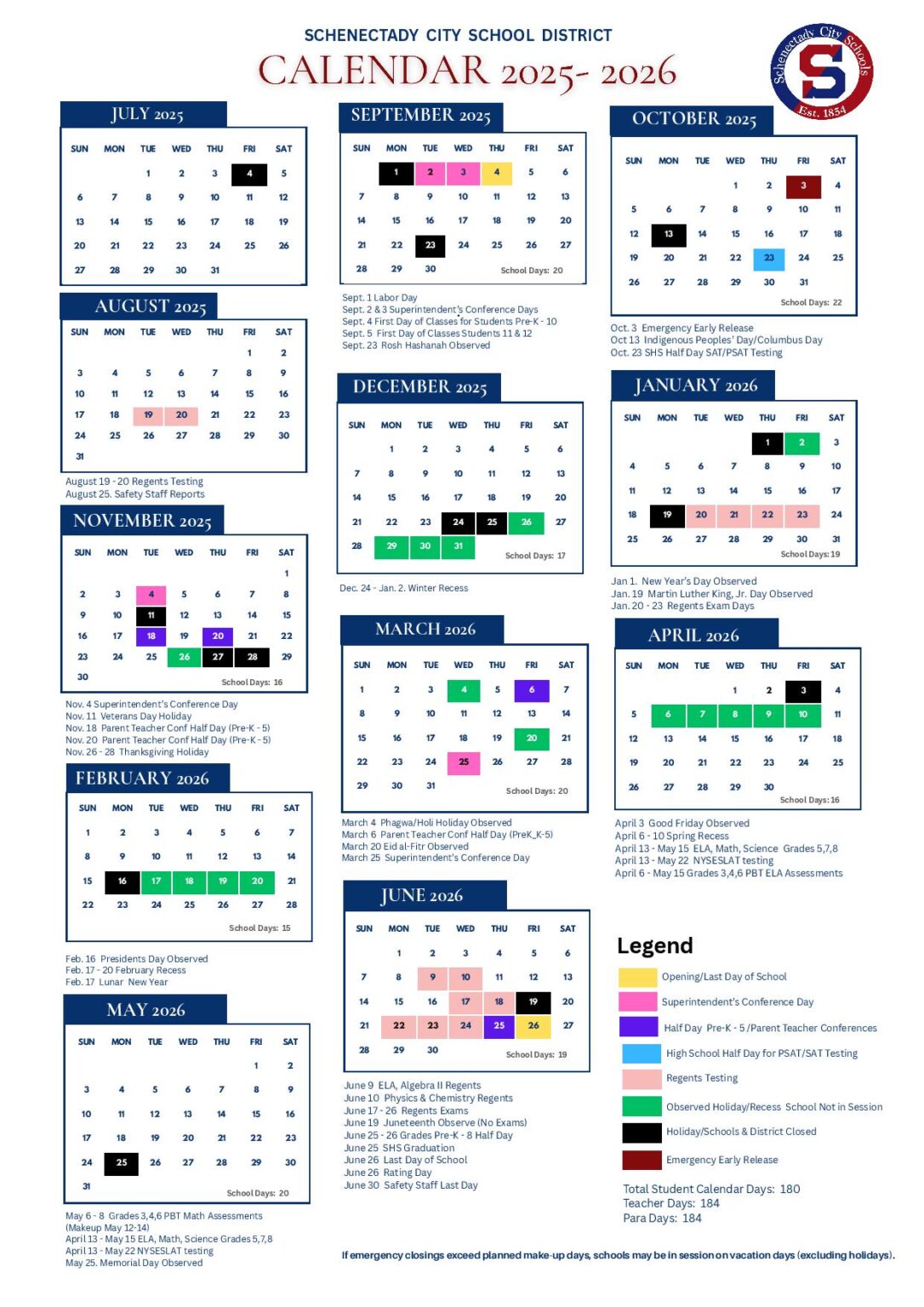 Schenectady City School District Calendar 2025-2026 in PDF