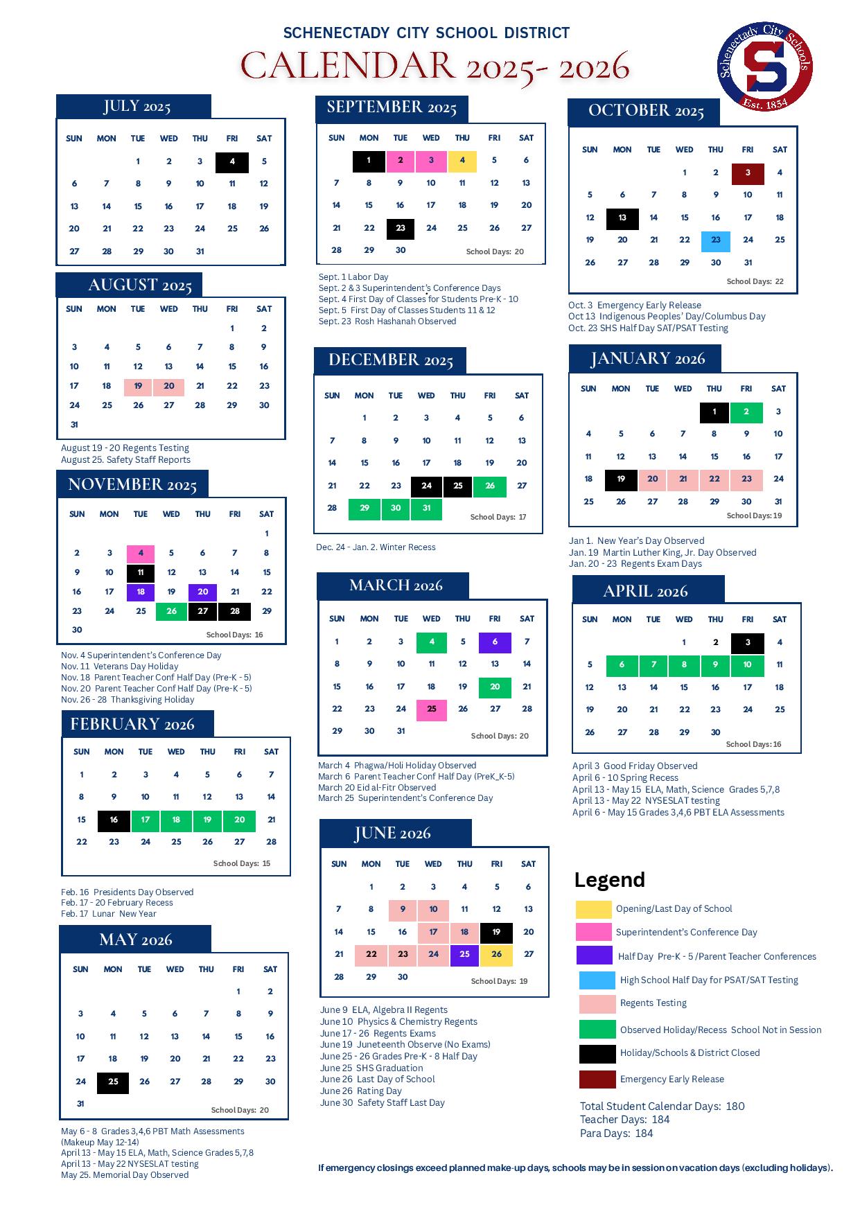 Schenectady City School District Calendar 2025-2026 in PDF