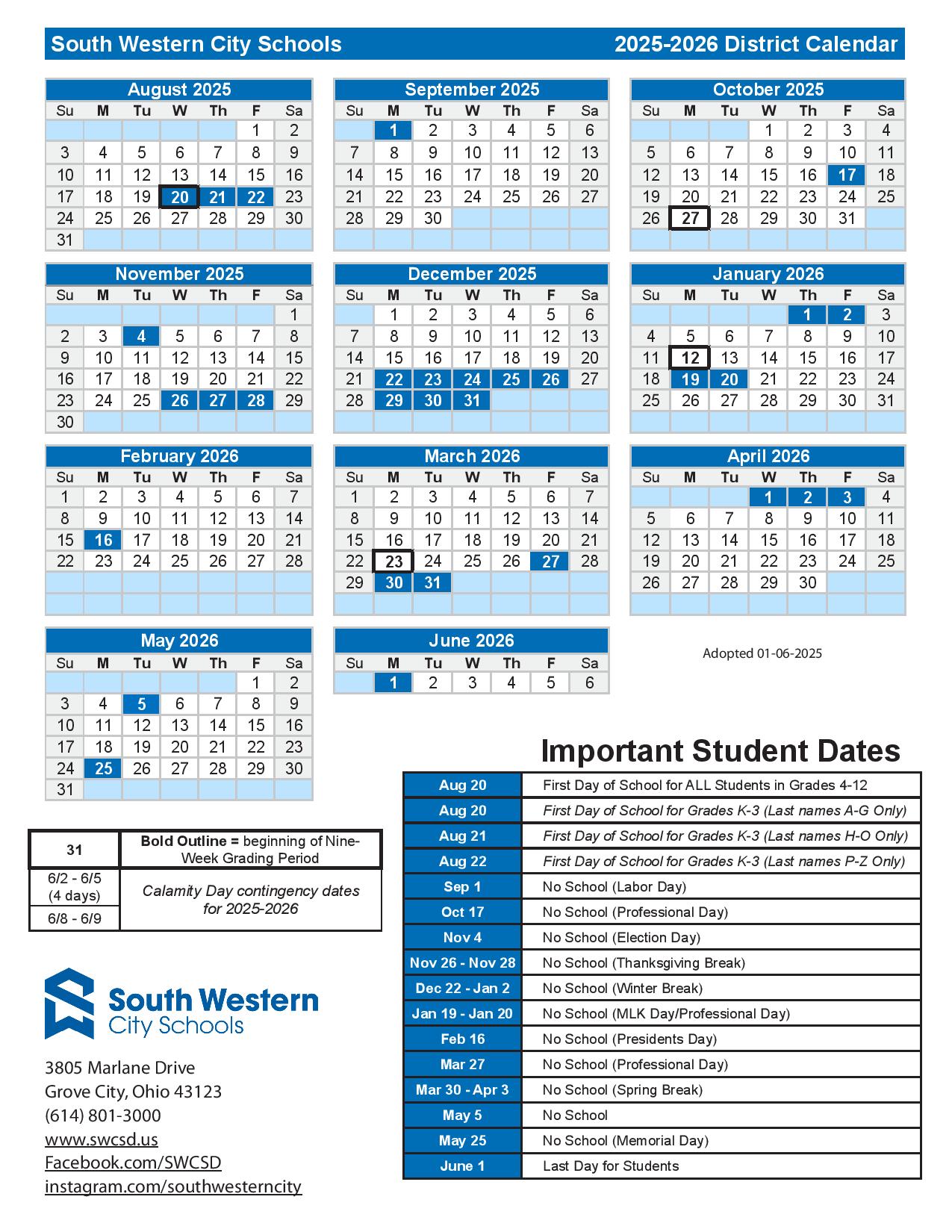 South-Western City School District Calendar 2025-2026 in PDF