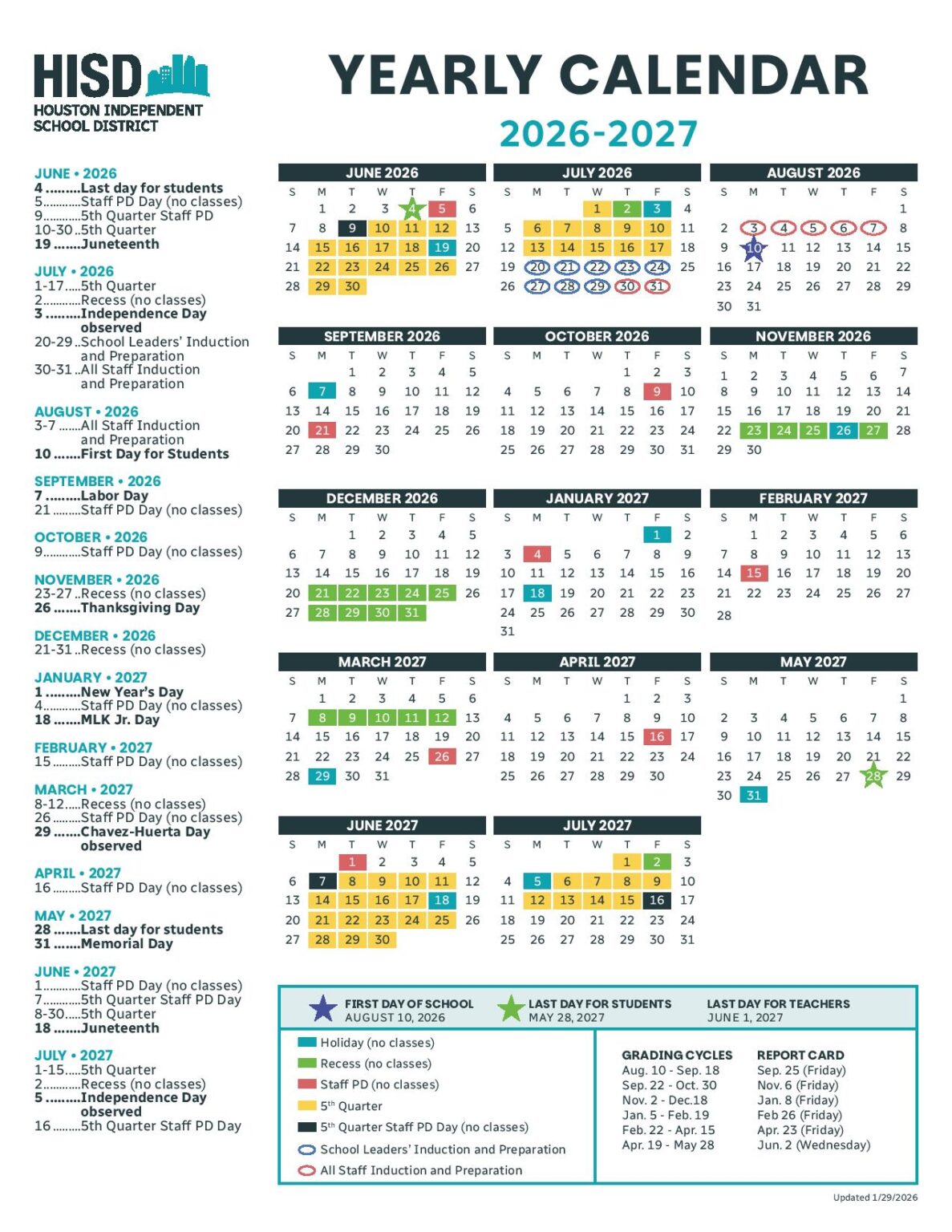 Houston Independent School District Calendar 2026-2027 PDF