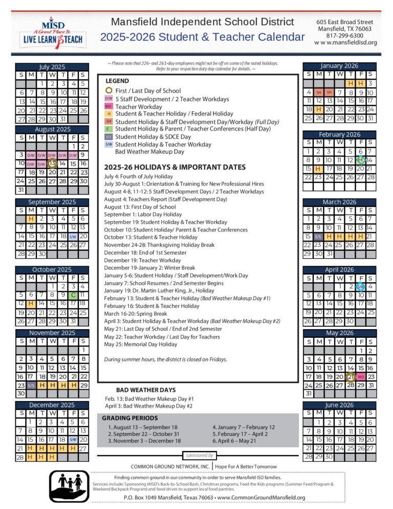 Mansfield Independent School District Calendar 2025-2026