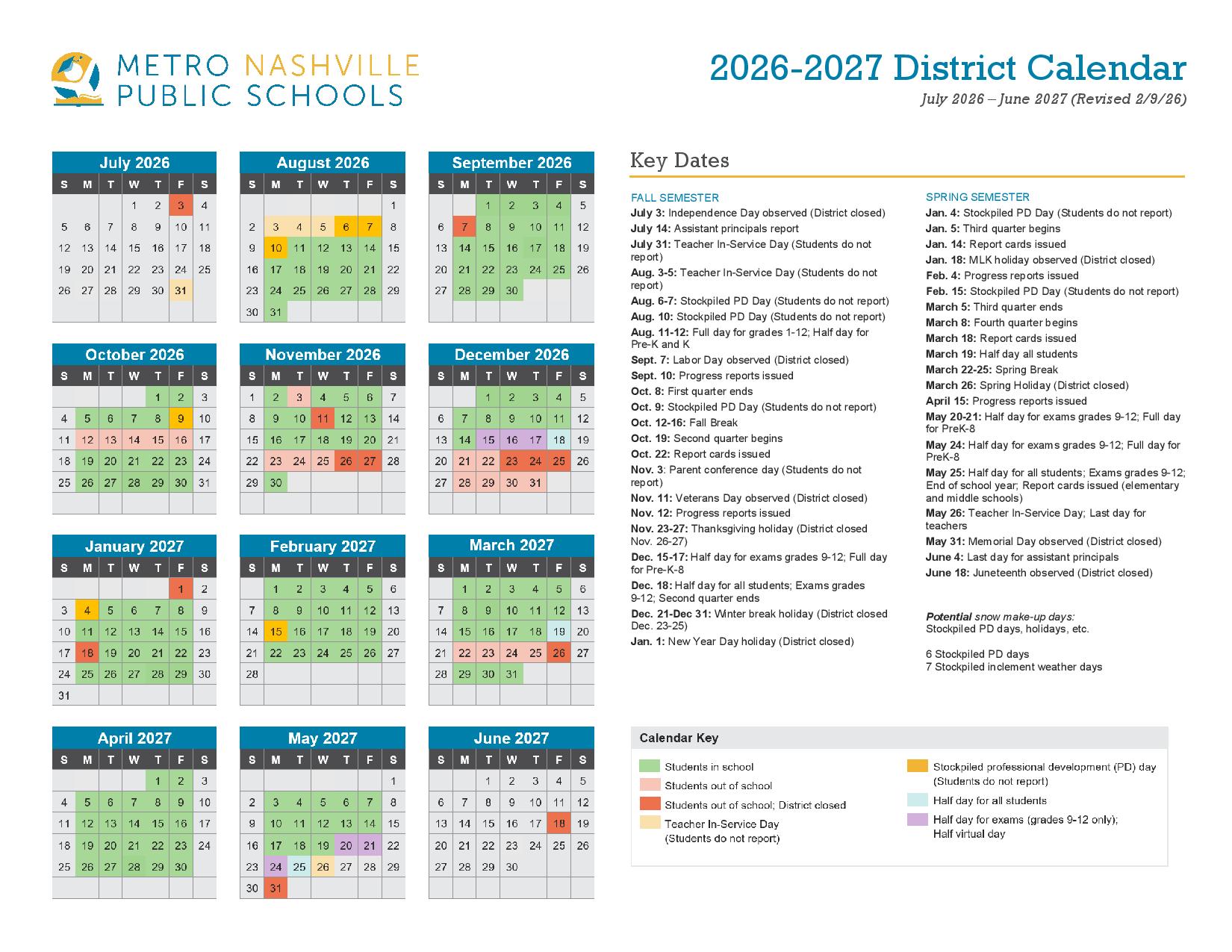 Metro Nashville Public Schools Calendar 2026-2027
