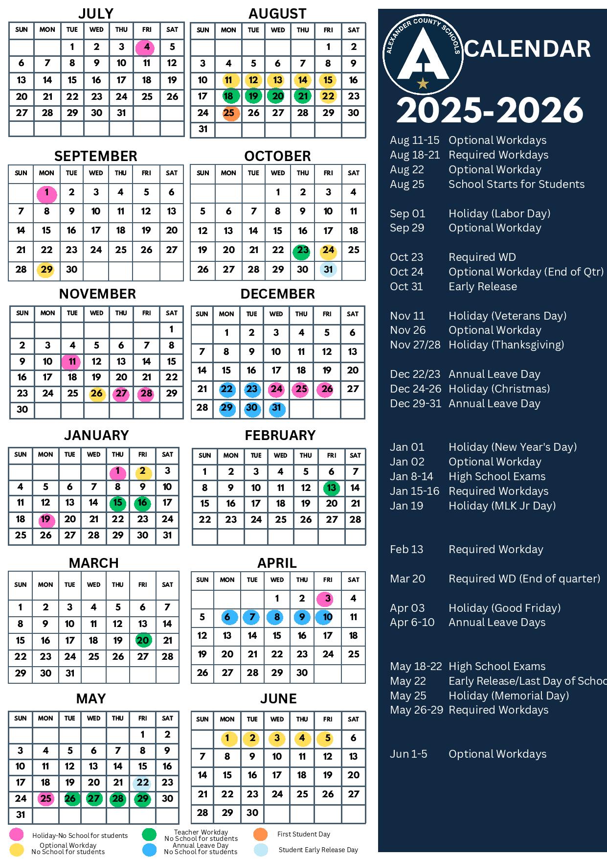Alexander County Schools Calendar 2025-2026 in PDF