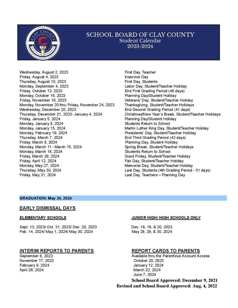Clay County School District Calendar Holidays 2023-2024 PDF