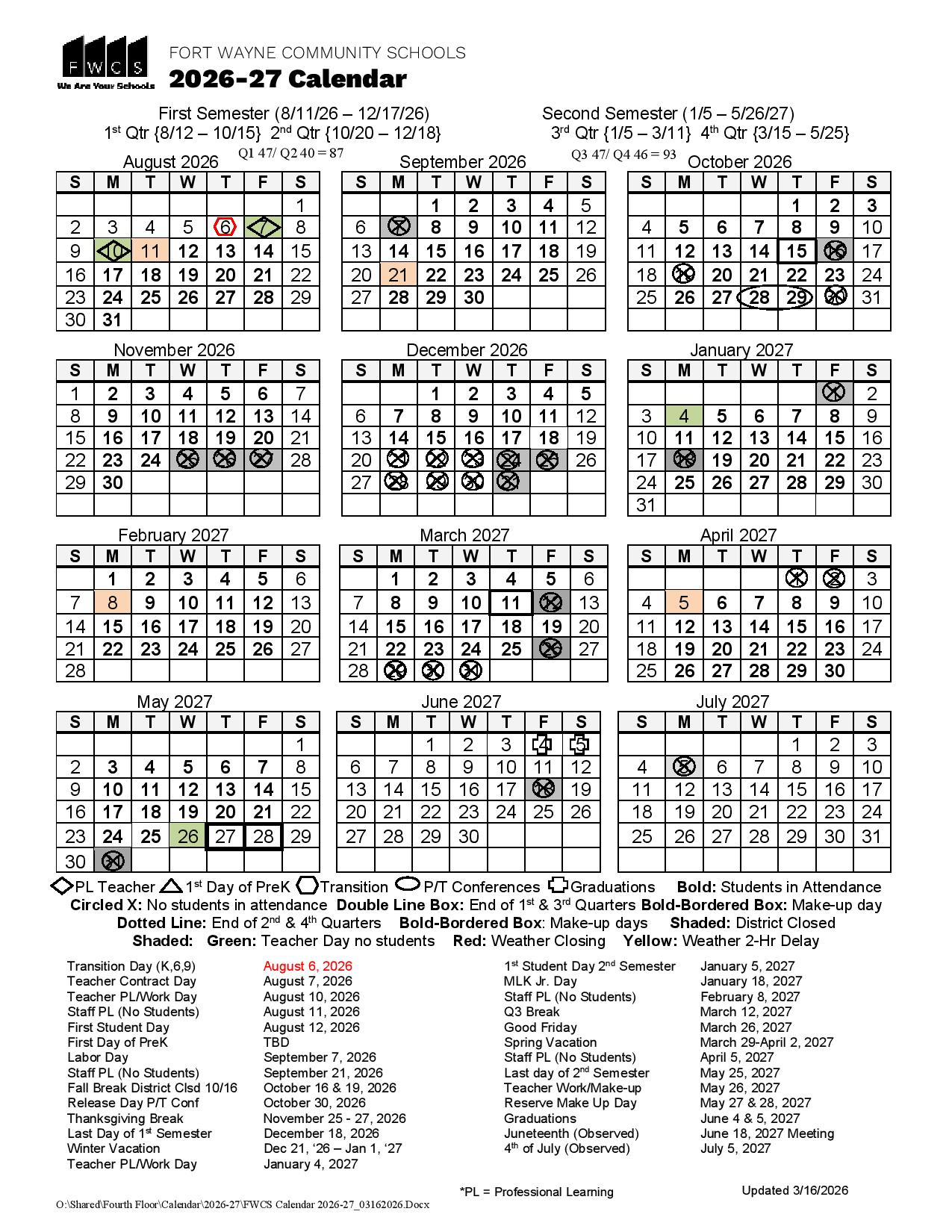 Fort Wayne Community Schools Calendar 2026-2027 in PDF