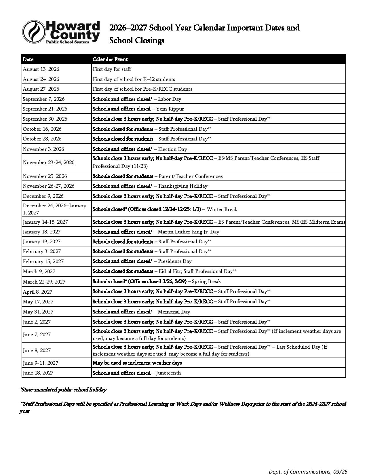 Howard County Public Schools Calendar 2026-2027 PDF