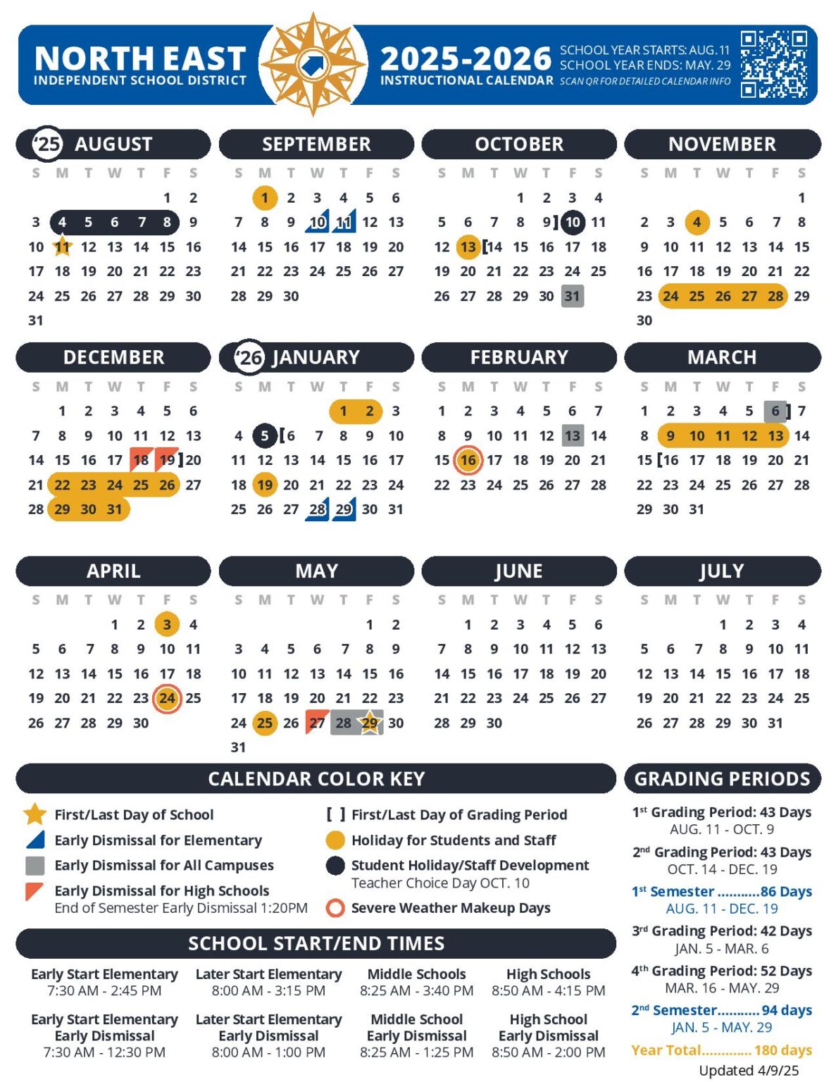 North East Independent School District Calendar 2026-2027 PDF